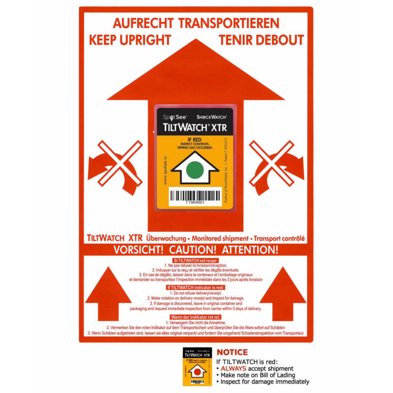 Kippindikator Tiltwatch XTR für den aufrechten Transport